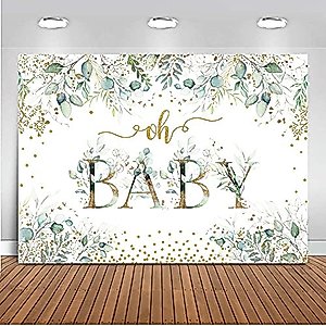 Mocsicka Greenery Baby Shower Backdrop Oh Baby Green Eucalyptus Leaves Baby in Bloom Party Decorations Gold Glitter Dots Boy Baby Shower Photography Backdrops (7x5ft)