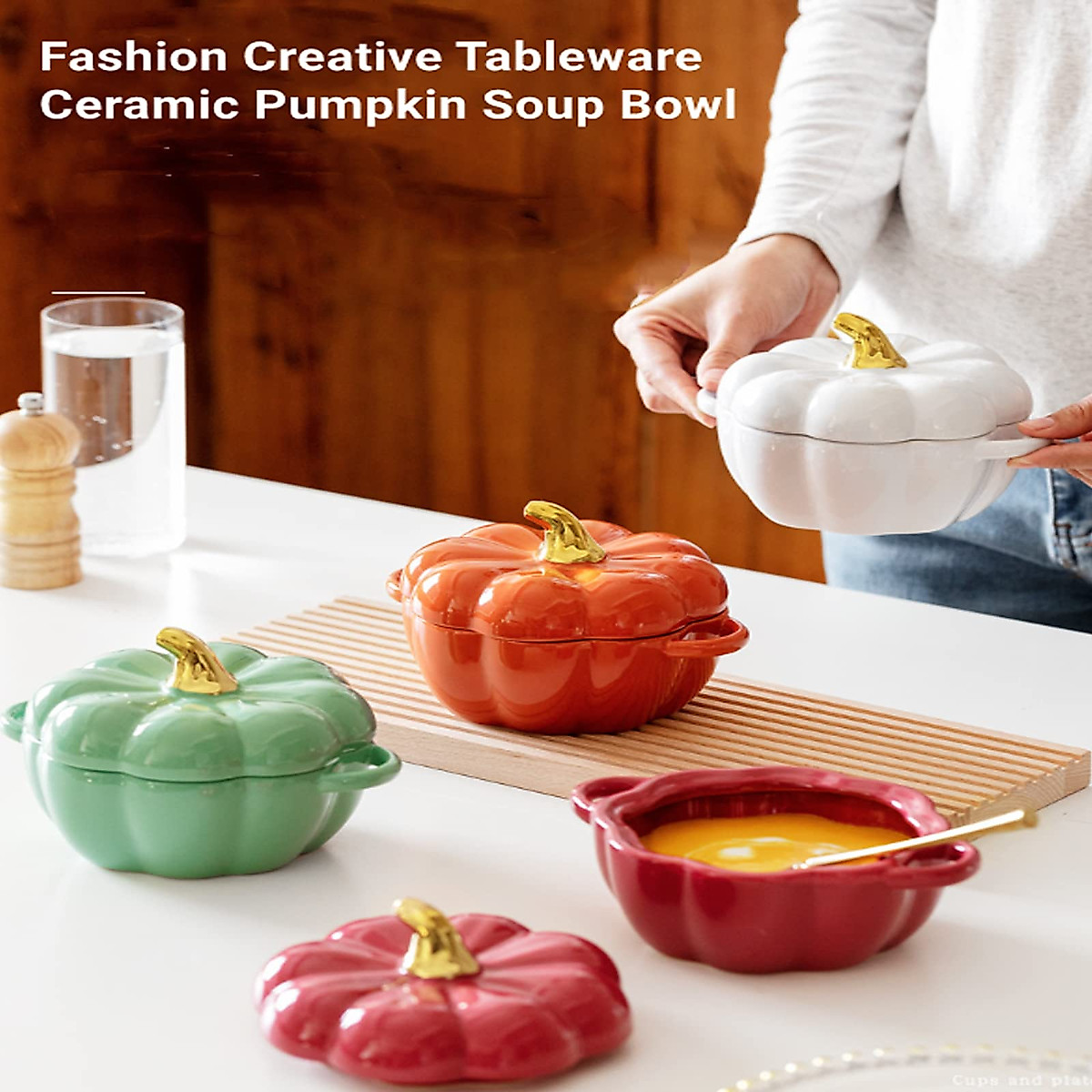 NUANYOYO Ceramic Pumpkin Soup Bowl with Lid,Pumpkin Soup Bnowl,Ceramic Stew Pot Pumpkin Shape Storage Jar,Ceramic Pumpkin Dessert Bowl for Fashion Creative Tableware (Orange)