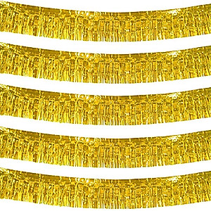 Blukey 10 Feet Long Roll Gold Foil Fringe Garland - Pack of 5 | Shiny Metallic Tassle Banner | Ideal for Parade Floats, Bridal Shower, Bachelorette, Wedding, Birthday | Wall Hanging Fringe Banner