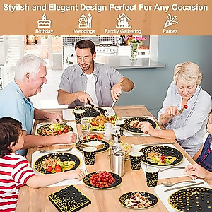 Black and Gold Party Supplies-Golden Dot Paper Plates,Black Napkins&Cups and Plastic Utensils,Gold Rim Disposable Paper Tableware for Birthday,Retirement,Graduation,175Pcs,Serve 25