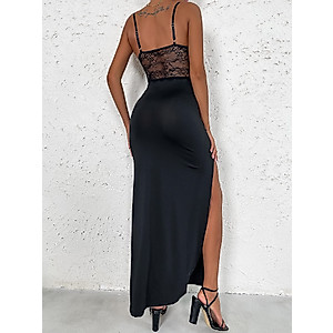 SOLY HUX Women's Sexy Lace Trim Split Hem Spaghetti Strap Cami Dress Long Maxi Dresses Solid Black L
