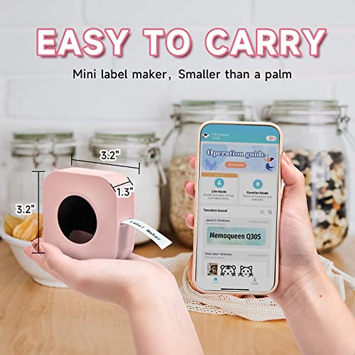 Memoqueen Label Makers Machine with 3 Tapes Q30S Handheld Bluetooth Mini Sticker Thermal Label Printer, Easy-to-Use for Home Office Organization, Rich Icon Font Multiple Templates,Pink