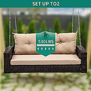 YITAHOME Wicker Hanging Porch Swing Chair Outdoor Brown Rattan Patio Swing Lounge w/ 2 Back Cushions Capacity 530lbs for Garden, Balcony, Living Room, Beige