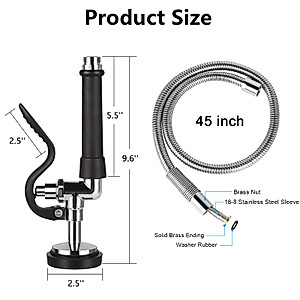 Pre Rinse Spray Valve with Hose KANONEY 45" Flexible Stainless Steel Hose Commercial Sink Dish Sprayer Nozzle Head Replacement Kit for Industrial Restaurant Kitchen Faucets, Black