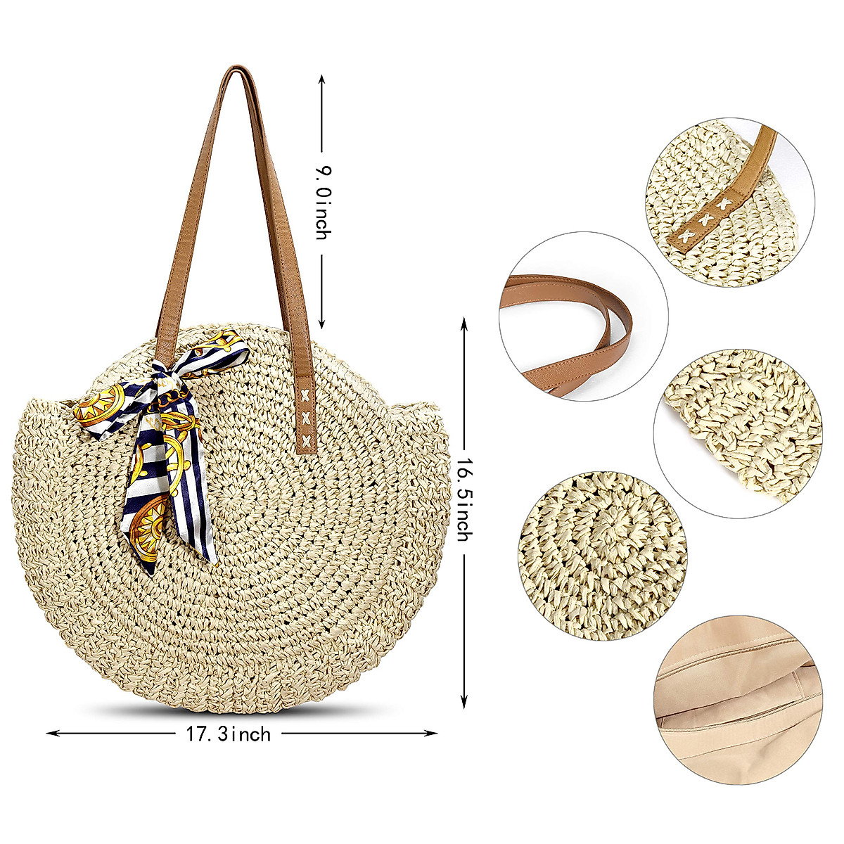 Straw Bag Round Summer Bag Large Woven Beach Bag Purse Shoulder Bag for Women Vacation Tote Handbags