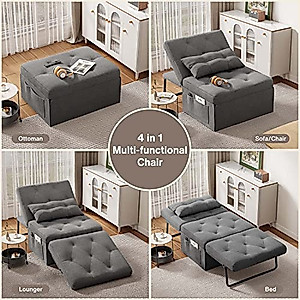 Aiho Sofa Bed, 4 in 1 Sleeper Chair Bed Coverts to Guest Bed Folding Ottoman with Adjustable Backrest, Modern Breathable Linen Couch Bed for Living Room Apartment Office, Dark Grey