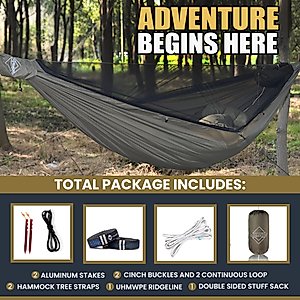 Onewind 11Ft Camping Hammock with Mosquito Net and Structure Ridgeline, Lightweight Portable Double Hammock with 12ft Tree Straps, Ideal for Camping, Hiking, Backpacking, OD Green