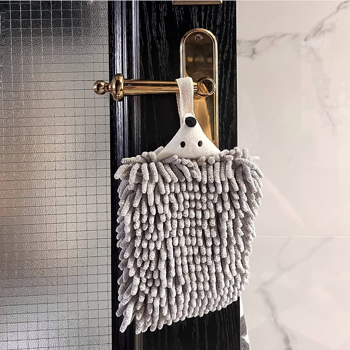 RETON 6PCS Bathroom Hand Towel, Soft Absorbent Quick Drying Chenille Hand Towels, Cute Animal Hanging Hand Towels for Kitchen Powder Room Kids (White+Gray+Pink+Blue, Hedgehog)