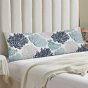 Beach Theme Body Pillow Cover,Nautical Blue Coral Ocean Marine Coastal,Long Pillow Case Protector with Zipper Decorative Soft Rectangle Bed Pillowcases for Bedroom,Couch,Home Gifts 20"x54",Teal Blue