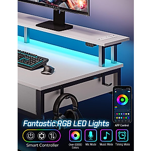 Rolanstar Computer Desk with Power Outlets & LED Light, 47 inch Home Office Desk with Drawers and Storage Shelves, Writing Desk with Monitor Stand, Modern Work Study Desk for Home Office, White