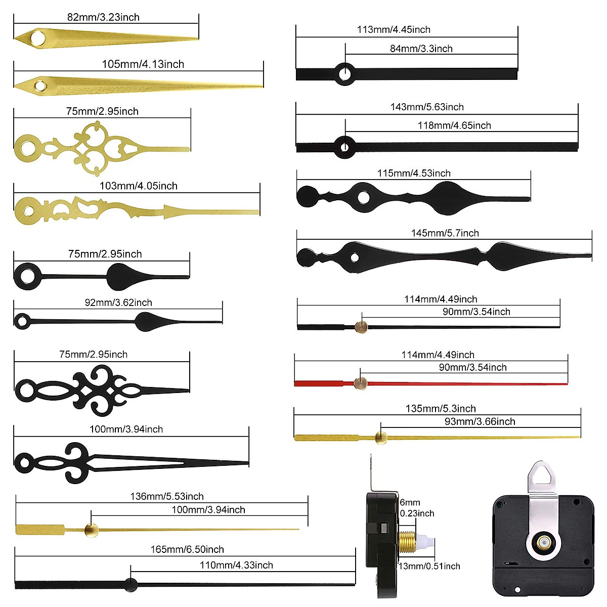 4 Pieces Quartz Clock Movement Mechanism Non Ticking DIY Clock Mechanism with 6 Clock Hands Sets for Repair Parts Replacement (0.5 Inch/ 13 mm, Gold, Black)