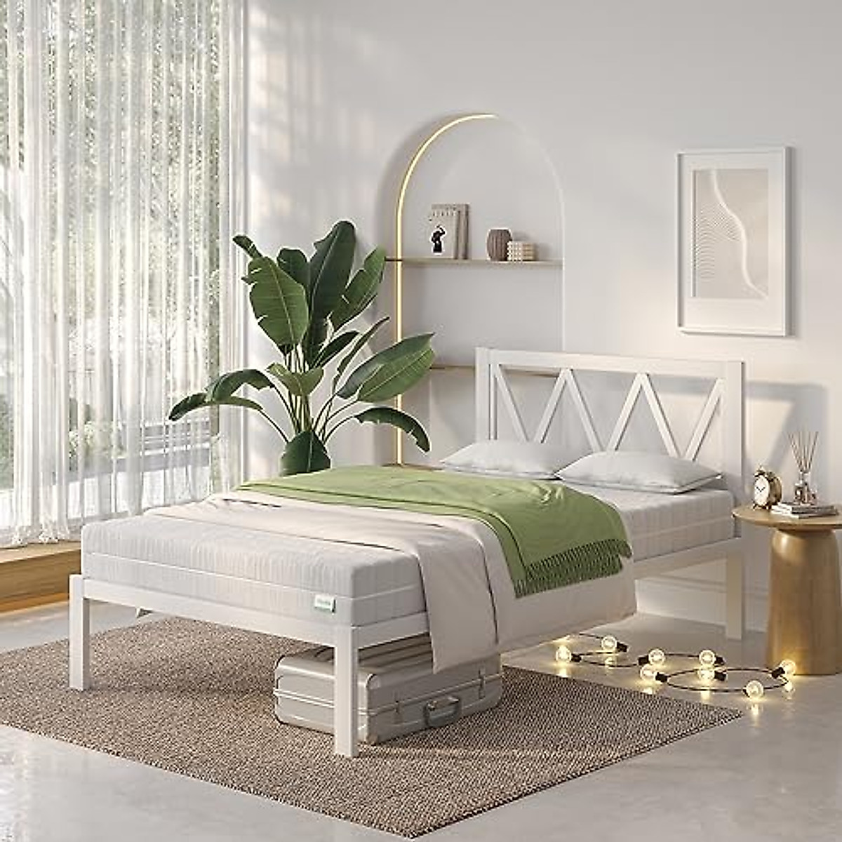 Novilla Twin Bed Frame with Headboard, Metal Platform Bed Frame, Heavy Duty, No Box Spring Needed, Wood Slat Support, Easy Assembly, White