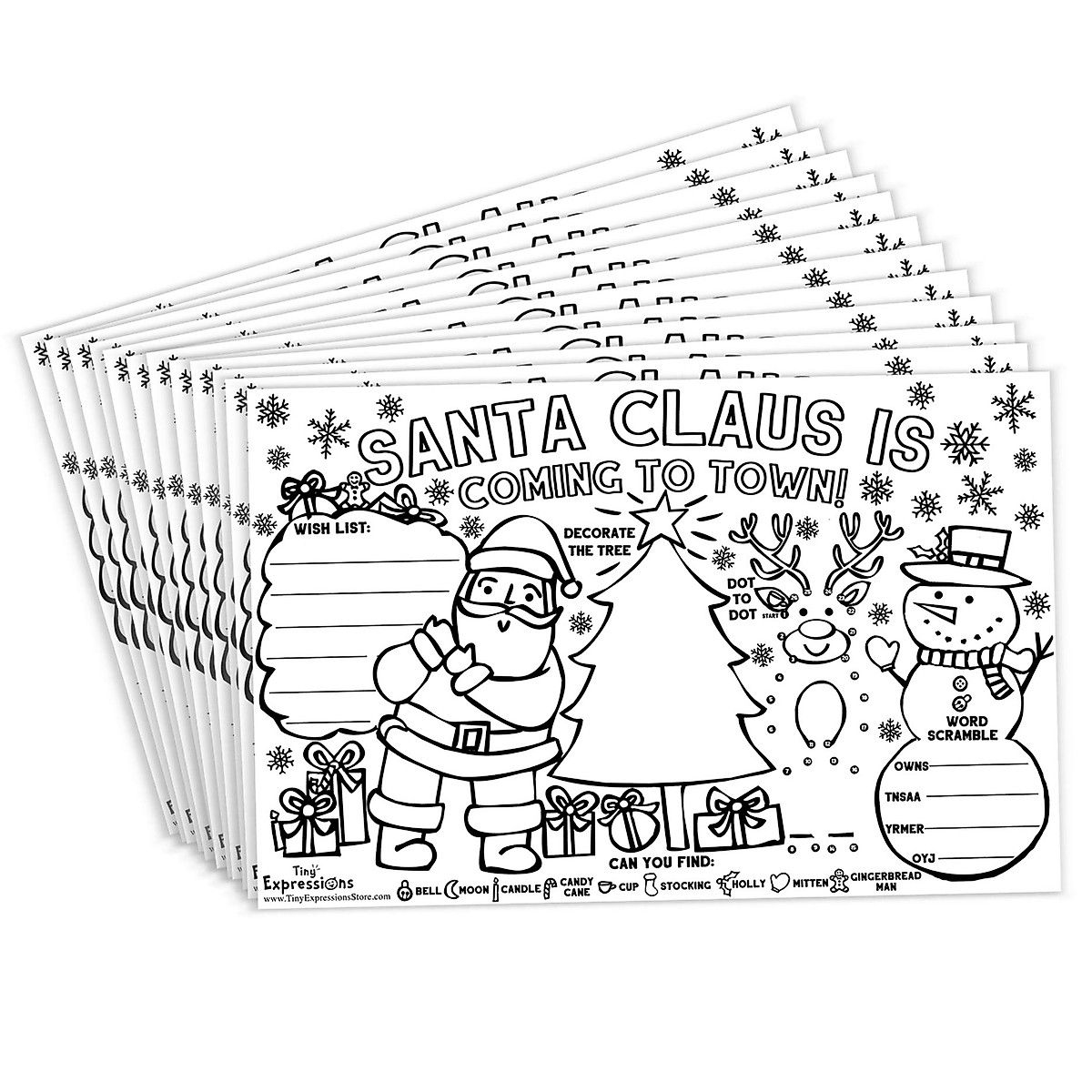 Tiny Expressions – Christmas Santa Placemats for Kids (Pack of 12 Holiday Placemats) | Coloring Activity Paper Mats for Kids Table | Disposable Bulk Bundle Set