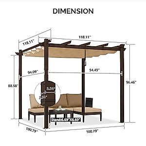 PURPLE LEAF Pergola 10' X 10' Outdoor Retractable Metal Pergola with Canopy Patio Pergola with Shade Cover for Garden Yard Pavilion Grill Modern Pergola for Beach Deck Gazebo, Beige