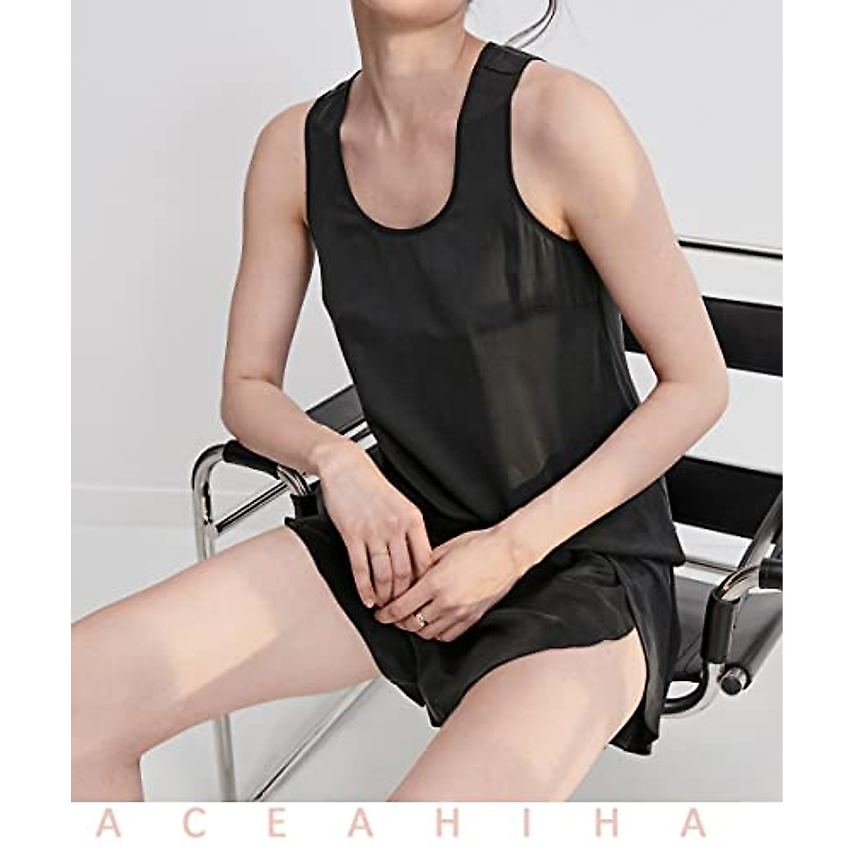 ACEAHIHA Satin Pajamas Set for Women U-neck Tank Top and Shorts Sleepwear Silk Pj Set S-XXL(as1, alpha, x_l, regular,regular, Black)