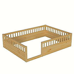 Favfurish Full Size Montessori Floor Bed, Solid Wood Playhouse Bedframe with Safety High Fence for Kids, Girls, Boys, Bedroom, Playroom, Easy Assembly & No Box Spring Needed, Natural