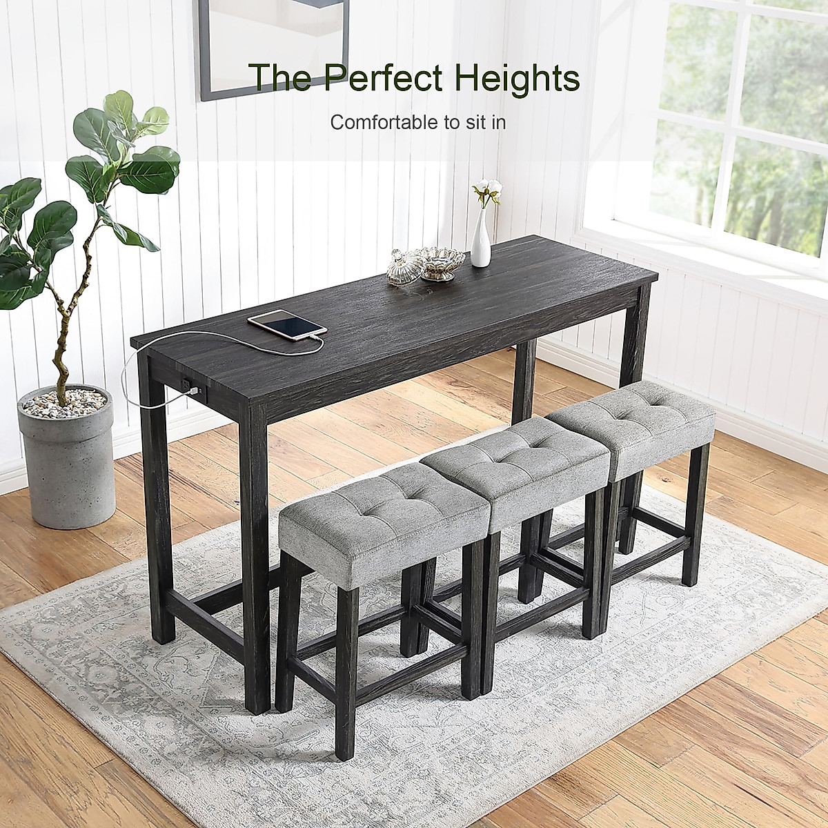 YWUFUART 60'' Industrial Black Solid Wood Bar Table Set with Power Outlet and 3 Grey Chairs for Living Room Dining Room Game Room
