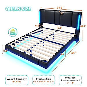 MSmask Queen Platform Bed Frame, Floating Bed with LED Lights, Faux Leather Upholstered Headboard, 2 USB Ports, Under-Bed Storage, No Box Spring Needed, Black