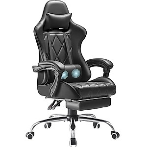 Shahoo Gaming Chair with Footrest and Massage Fuction Lumbar Support, 360°Swivel and Height Adjustable Seat with Headrest for Office or Bedroom, Study Room, Black