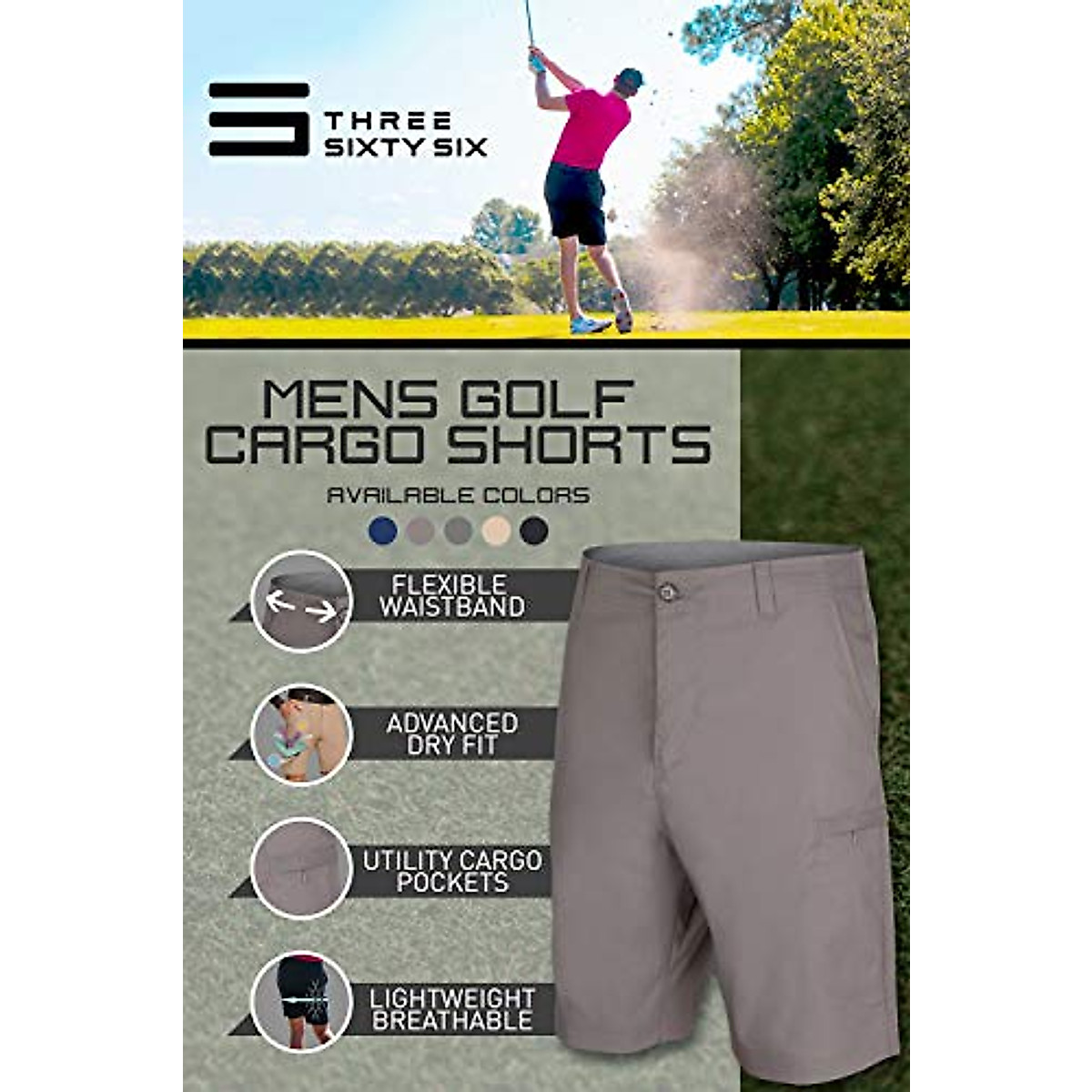 Cargo Golf Shorts for Men - Dry Fit, Large Pockets, Lightweight, Moisture Wicking, 4-Way Stretch Silver