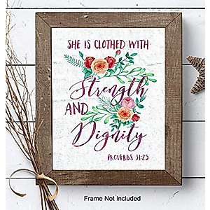 She is Clothed With Strength and Dignity - Christian Wall Decor - Proverbs 31 - Bible Verse Wall Art - Scripture Wall Decor - Inspirational Gift for Women, Girls - Religious Gifts - God Wall Decor