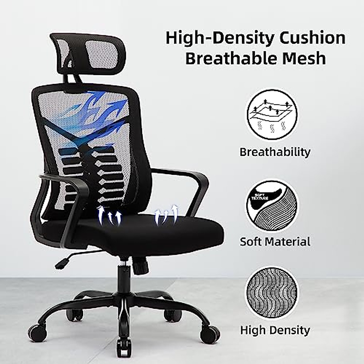 EnjoySeating Office Chair, Adjustable Desk Chair, Rebound Seat Cushion, 2D Big Curved Headrest, Breathable Mesh High Back, Comfortable Lumbar Support, Rocking Relaxation Function, Black