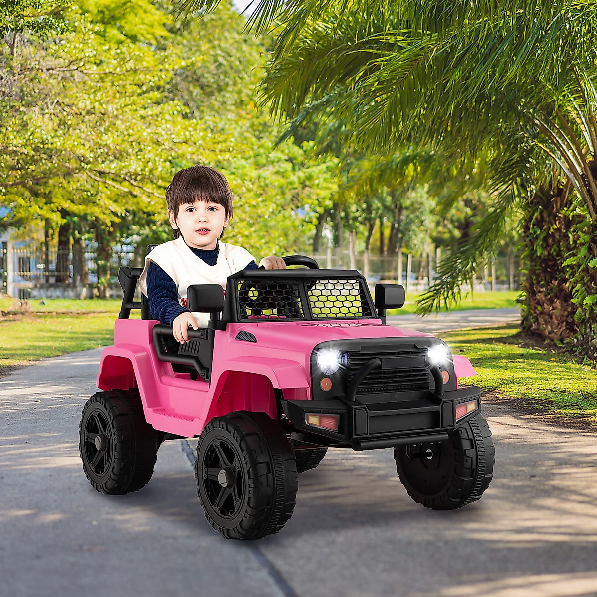 Costzon Ride on Car, 12V Battery Powered Electric Vehicle w/Parent Remote Control, Spring Suspension, Storage, 3 Speeds, LED Light, MP3, Music, USB & AUX Port, Safety Belt, Kids 4 Wheeler Truck, Pink
