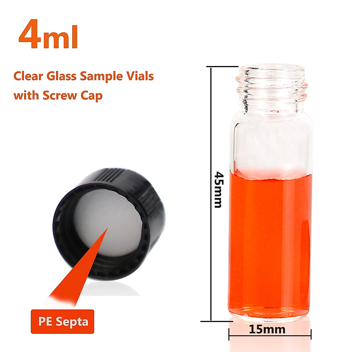 PEKYBIO 20 PCS 4 ML (1 dram) Clear Small Liquid Sample Glass Vials with Screw Caps, 15 mm Diameter x 45 mm Length Leak-Proof Vial, 13-425 Black Screw Cap with PE Liners