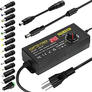 Adjustable Power Supply 3V~24V 5A 120W Universal 100V-240V AC/DC Power Adapter Converter 8V 12V 15V 18V 19V 20V 24V Power Supply with 14 DC Tips&Polarity Converter for LED Strip Light Printer Speaker