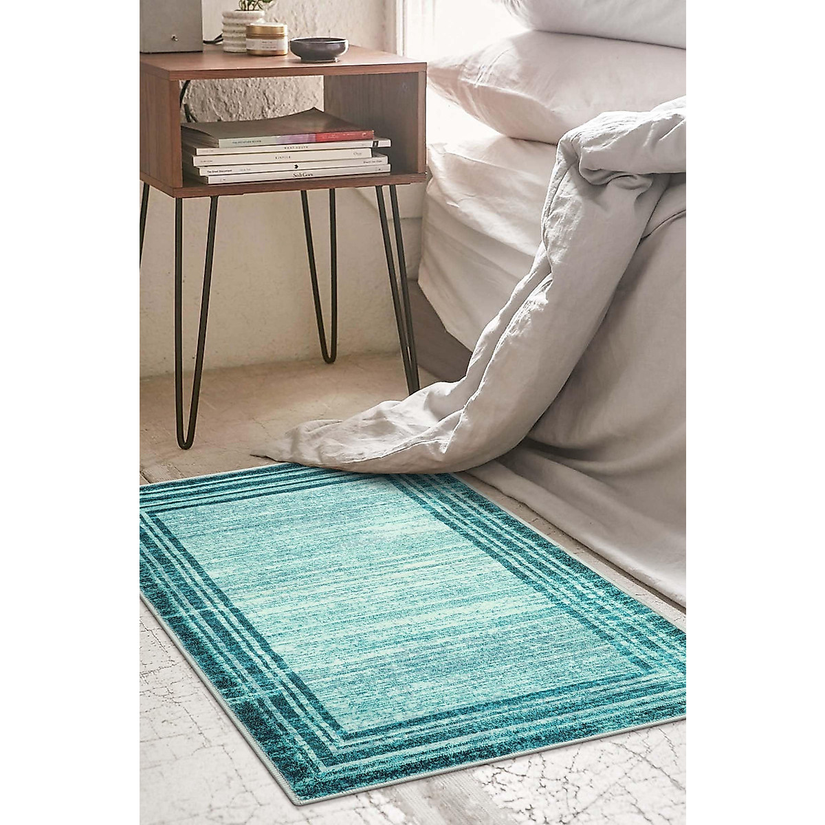 Lahome Abstract 2x3 Teal Kitchen Rug,Washable Low-Pile Entry Rug Non-Slip Door Mat Indoor Entryway Rug,Modern Bordered Soft Small Bathroom Mat Throw Rug