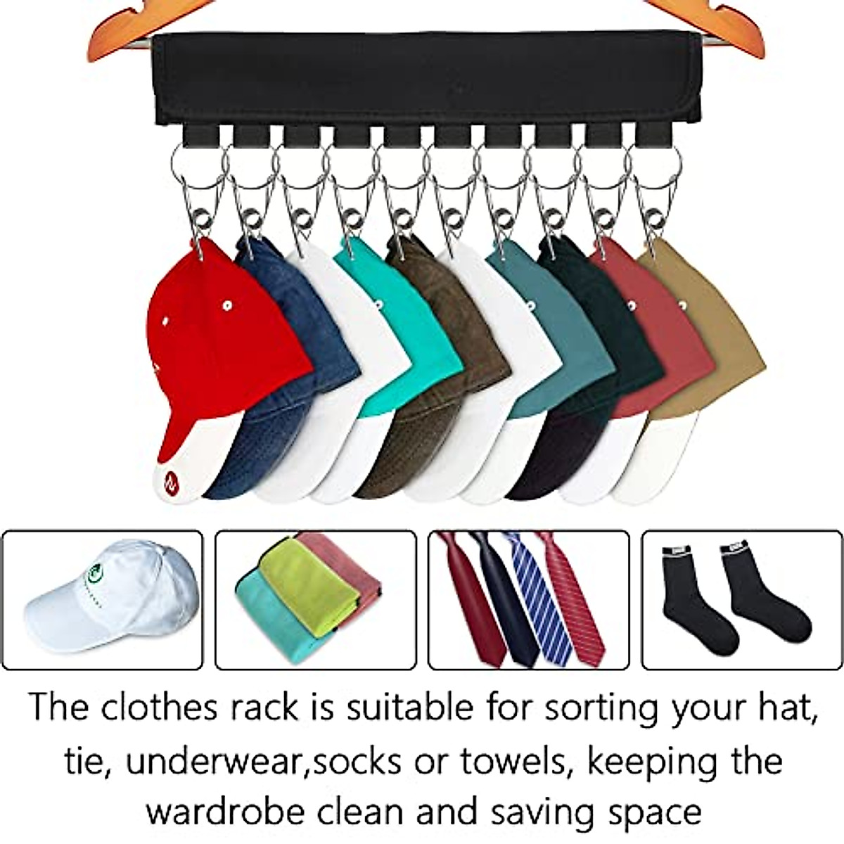 TOPMEET Hat Organizer for Baseball Caps Storage,10 Stainless Steel Clips Holder for Hanger, Cap Rack/Hat Shelf Fit Room Closet,Door,Wall - 1 Pack