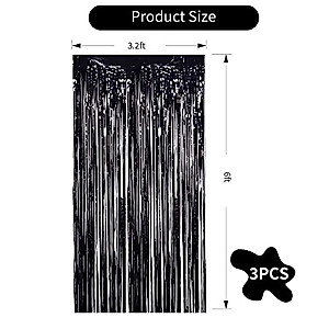 3Pcs Black Metallic Tinsel Foil Fringe Curtains, 3.28ft x 6.56ft Black Photo Booth Backdrop Streamer Curtain,Photo Booth Props,Ideal Bachelorette Party,Birthday, Halloween,Christmas, New Year Decor