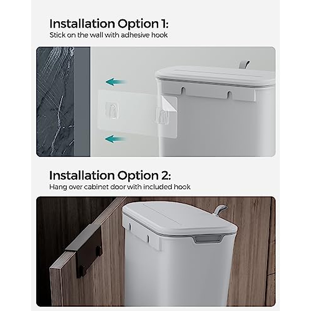 SONGMICS Hanging Trash Can, 2.4-Gallon Kitchen Trash Can with Lid for Food Waste, Wall Mounted Trash Can, Hanging or Sticking on Cupboard Door, for Kitchen Cabinet, Under Sink, Gray ULTB820G9