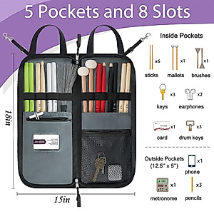 SNIGJAT Drumstick Bag with Crossbody Shoulder Strap, Large Capacity Mallet Bag with Anti-falling Pockets, Gifts for Drummers, Beginners in Band, Gig, Solid Drum Sticks Bag with Metal Hooks