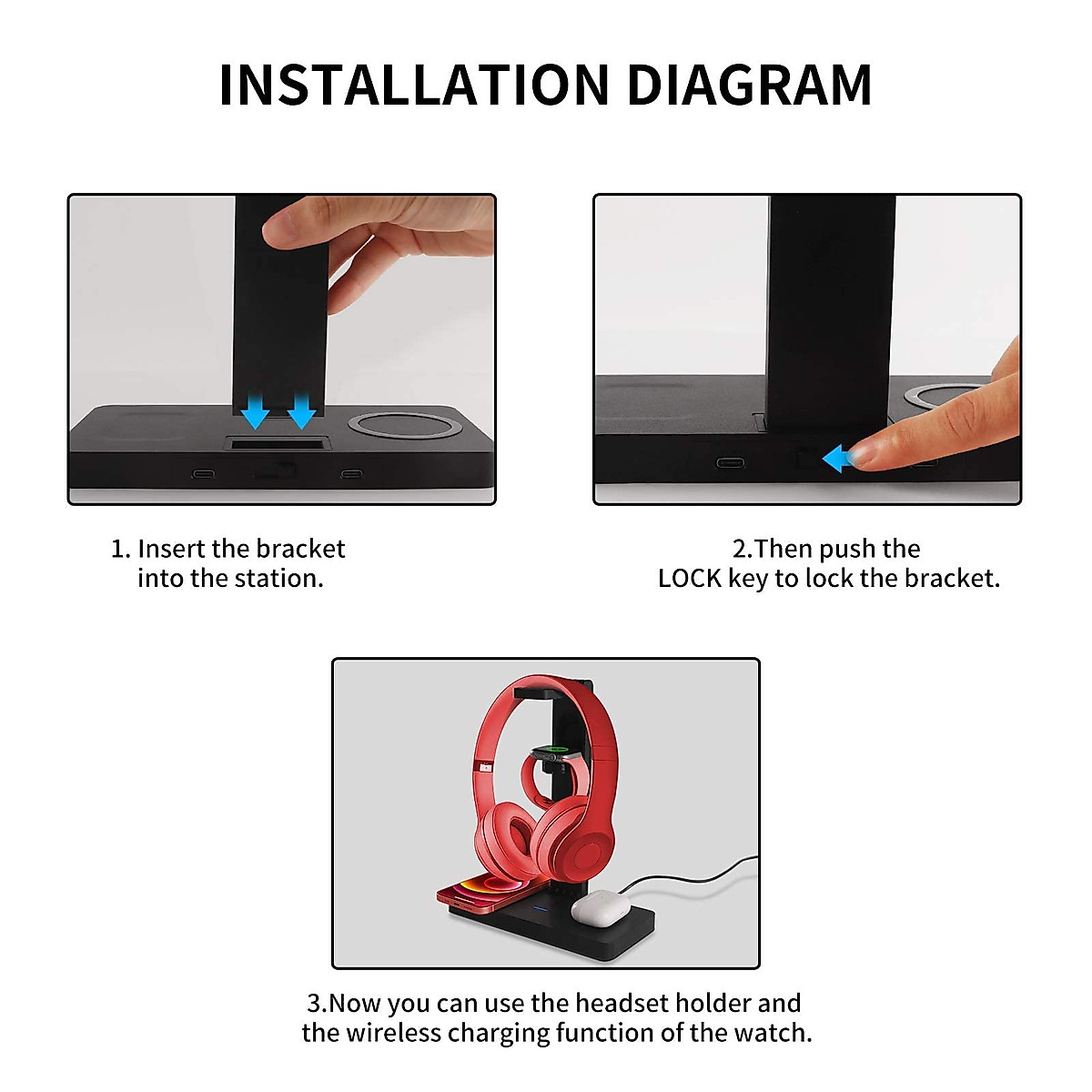 Headphone Stand Headset Holder with Wireless Charger, 4 in 1 Fast Wireless Charging Station for Apple Watch,Air Pods Pro/2, iPhone13/12/11/X, Earphone Hanger with 2 USB-C Ports for Desktop Gamer Room