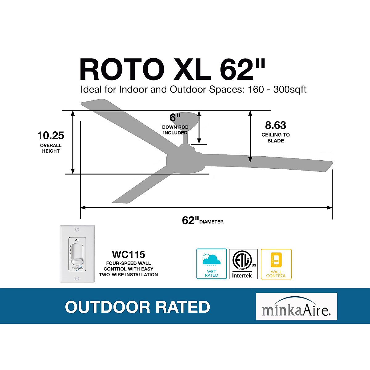 Minka Aire F624-ORB Roto XL, 62" 3 Blade Ceiling Fan in Oil Rubbed Bronze with Oil Rubbed Bronze Blades