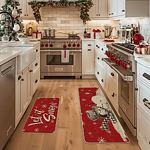Artoid Mode Red Let It Snow Snowflake Snowman Winter Kitchen Mats Set of 2, Christmas Decor Low-Profile Kitchen Rugs for Floor - 17x29 and 17x47 Inch