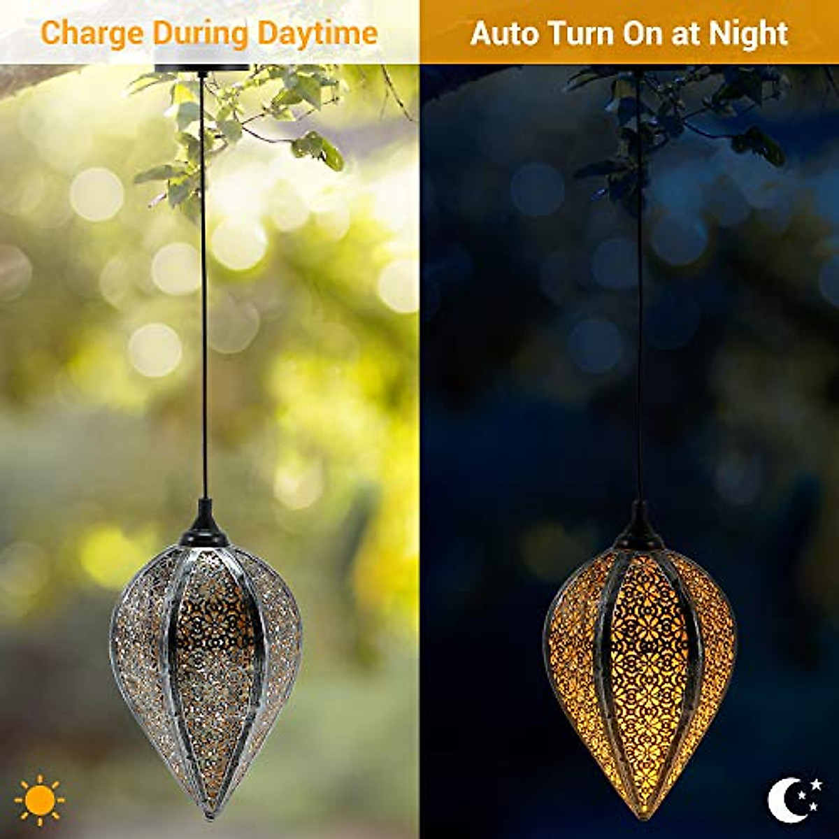 Solar Outdoor Lights Lanterns Waterproof - OxyLED 2 Pack Hanging Decorative Metal Lamps with Pattern for Outside Patio Tree Garden Yard Front Porch Backyard Pathway Christmas Decor Decorations Gifts