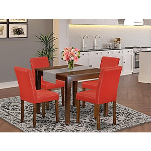 East West Furniture OXAB5-MAH-72 Oxford 5 Piece Modern Set Includes a Square Wooden Table and 4 Firebrick Red Faux Leather Parson Dining Chairs, 36x36 Inch
