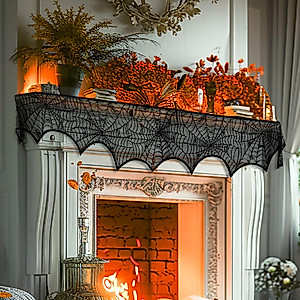 Bittesnew Halloween Decorations Spider Web Fireplace Cover, 18 x 96 inch Black Lace Cobweb Fireplace Mantle Scarf Cover, Halloween Decorations for inside, Door, Window and Festive Party Supplies Decor