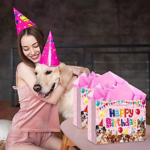 Dog Birthday Gift Bag Pink Puppy Gift Bags with Tissue Paper and Greeting Card Paw Print Wrapping Paper Large Dog Goodies Bags for Pet Dog Birthday Christmas Party and Dog Lovers Birthday Decorations