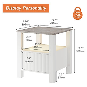 WAMPAT White End Table for Living Room, Nightstand for Bedroom with Storage Cabinet & Open Shelf, Wood Night Stand with Faux Marble Tabletop & LED Light, Side Tables for Small Spaces, White/Grey