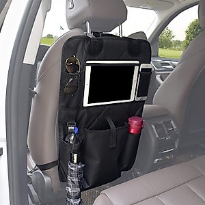 MDSTOP Car Seat Organizer with Kick Mats, Universal Seat Protector for Vehicle Travel Accessories with 14 Storage Pockets and 10” Touch Screen Tablet Holder (Black1(L), 16.4" x 24.3")