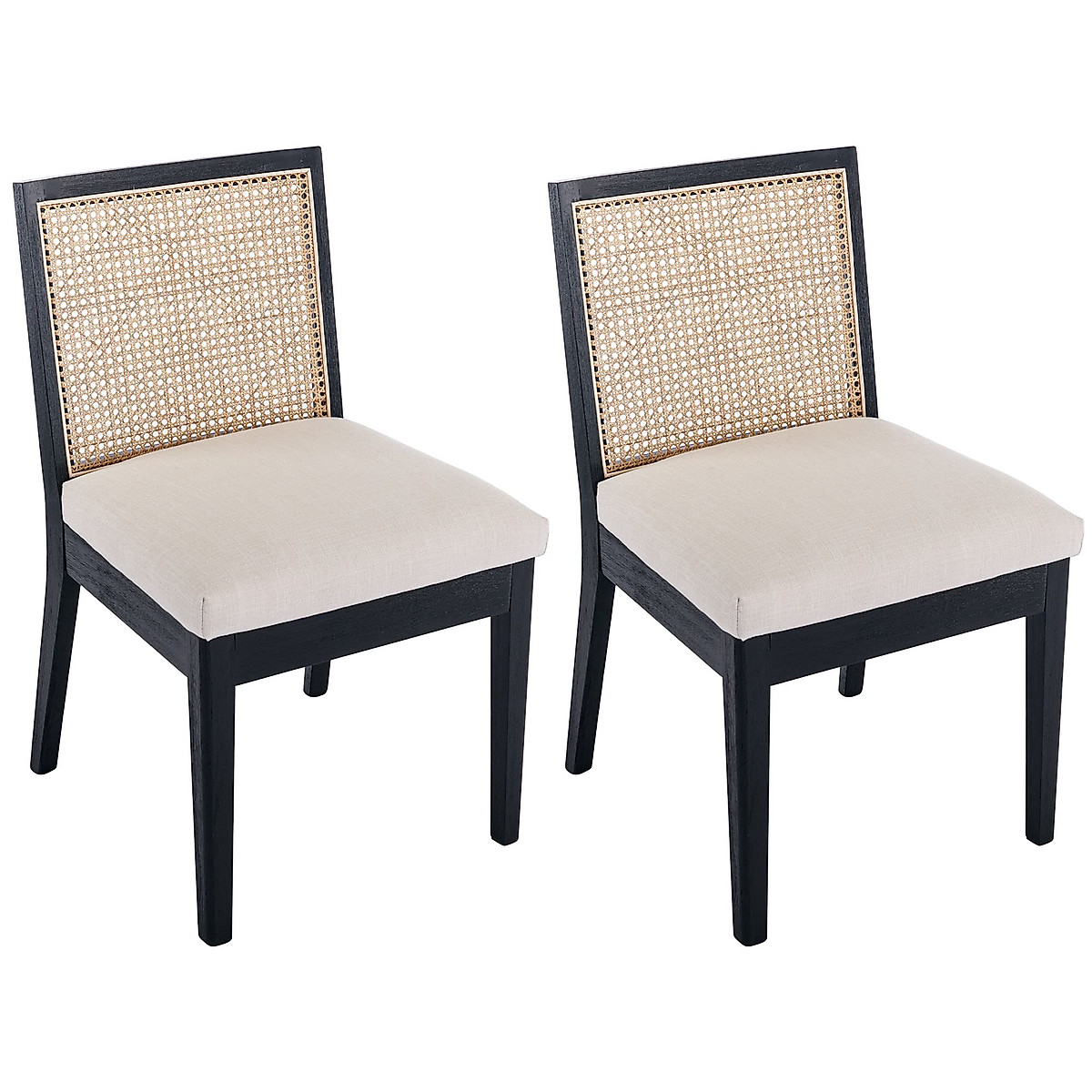 VESCASA Upholstered Dining Chairs with Square Rattan Back, Armless Padded Linen Cushion Dining Chairs with Wood Legs for Dining Room, Kitchen, Set of 2, Black Frame
