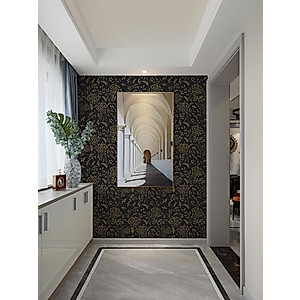 Heroad Brand Peel and Stick Wallpaper 196"x17.3" Black and Gold Wallpaper Boho Peel and Stick Wallpaper Floral Contact Paper Leaf Removable Wallpaper Self Adhesive for Cabinets Shelf Liner Vinyl Roll