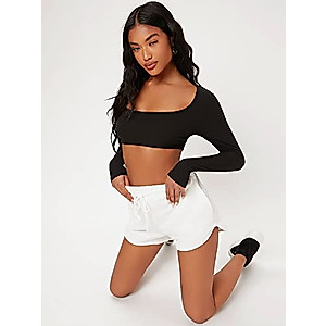 SOLY HUX Long Sleeve Crop Tops for Women Sexy Scoop Neck Rib Knitted Workout Basic Tees Slim Fitted Cropped T Shirts Solid Black M