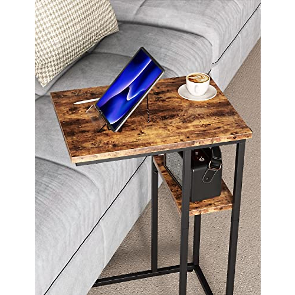Innerjoin 2 Shelves C Side Table with Metal Frame, C Shaped End Table, TV Tray Table for Couch, Sofa Table for Living Room Bedroom, Bedside Table, Rustic Vintage Style, Brown