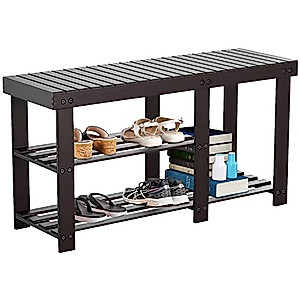 PayLessHere Bamboo Shoe Bench, Shoe Rack for Boots, Entryway Storage Organizer, 3-Tier Shoe Shelf, for Hallway, Bathroom, Living Room, Corridor, Black