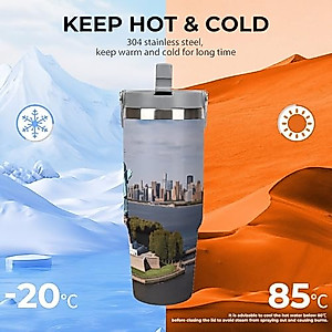 BWQJKUO Large Capacity Car Cup 30 Oz Stainless Steel Statue of Liberty in NYC Printed Travel Mug Leak-proof Flip Straw Tumbler with Handle,keeps Cold Or Ho