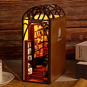 Book Nook Kit, DIY Miniature Dollhouse Booknook Kit, 3D Wooden Puzzle Bookend Bookshelf Insert Decor with LED Light for Adults and Teens, Gifts for Family and Friends (Library)